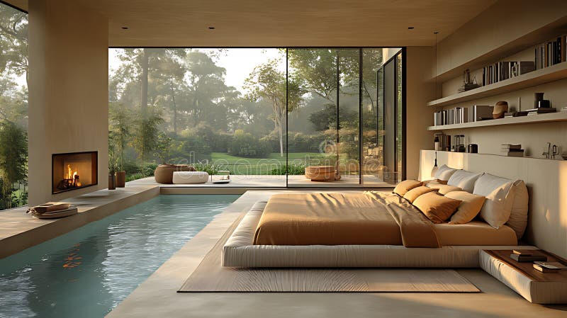 Luxurious Bedroom, Indoor Pool, Forest View, Sunrise Stock Illustration ...