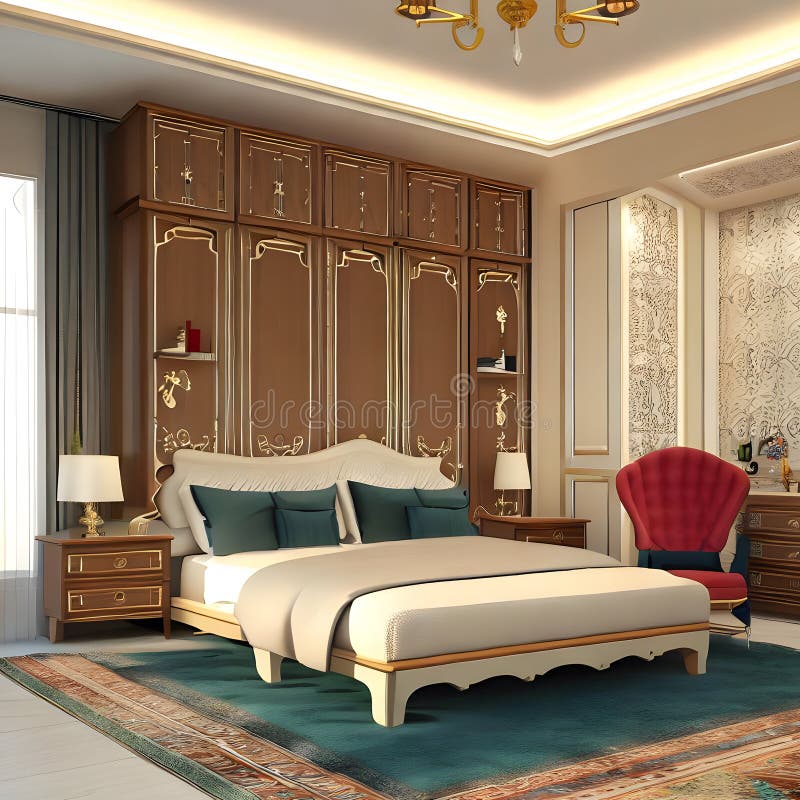 Luxurious Bedroom Interior with Beautiful Bed Cupboard and Carpet Ai ...