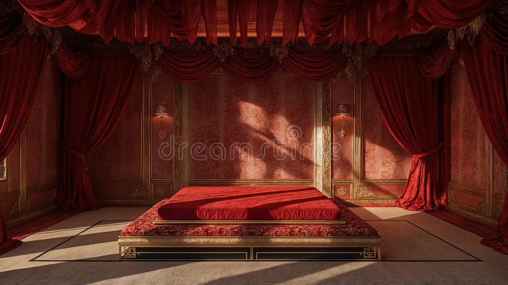 Luxurious Bedroom Interior Design with Rich Red Drapes and Elegant Bed ...