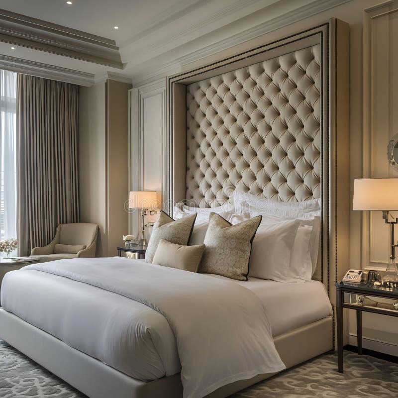 Luxurious Bedroom Interior Featuring a Large Padded Tufted Headboard in ...