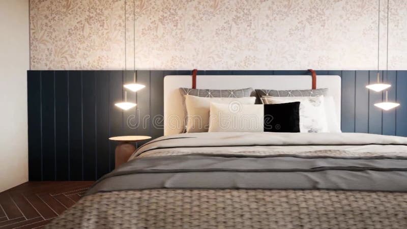 Luxurious Bedroom Interior with Lighting 3d Visualization. Modern ...