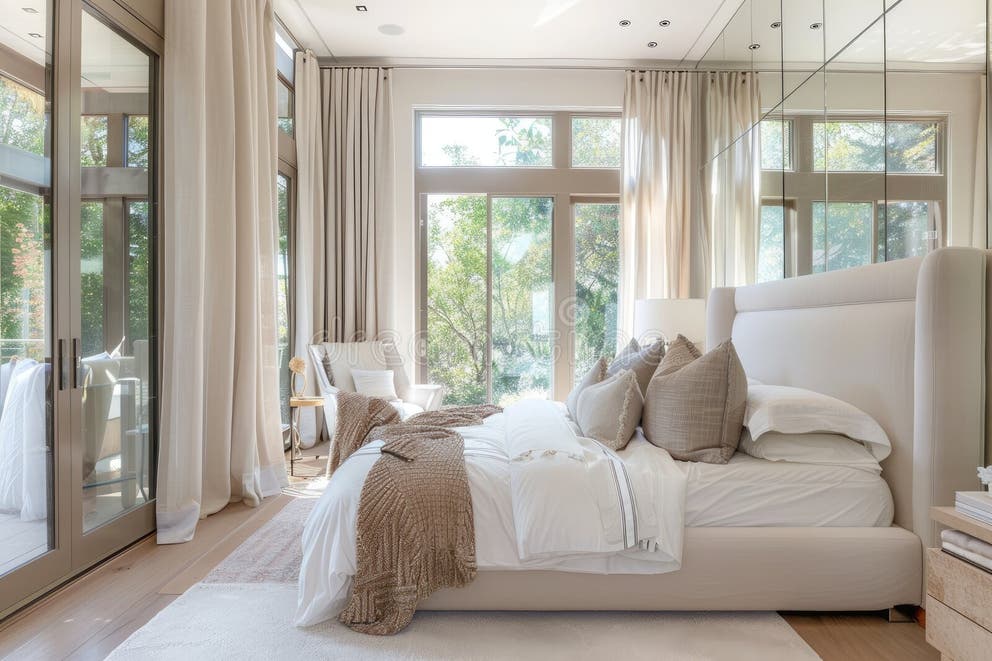 Luxurious Bedroom with Large Windows and a Plush Bed Stock Illustration ...