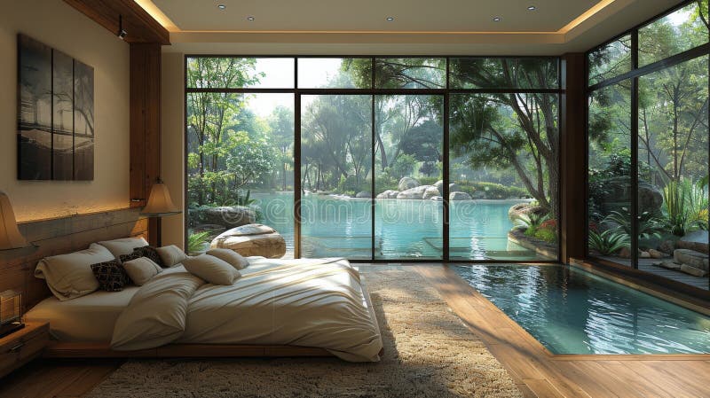 Luxurious Bedroom Overlooking Pool and Trees Stock Image - Image of ...