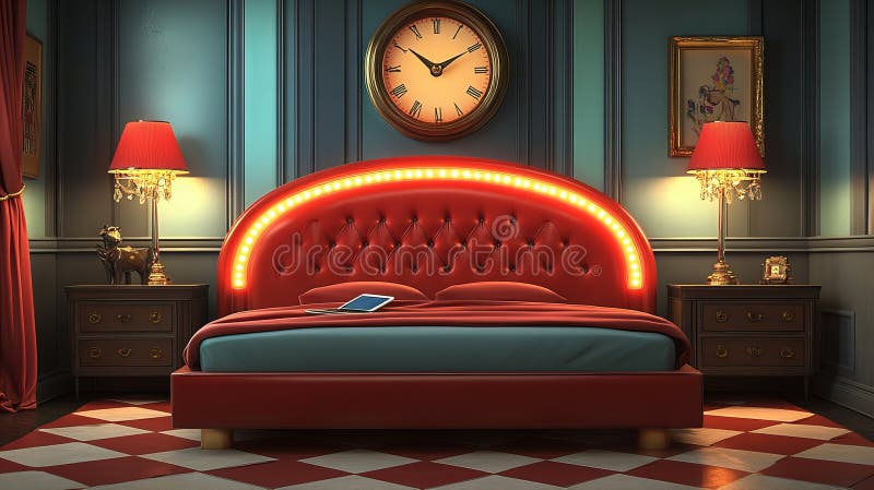 Luxurious Bedroom with Red Upholstered Bed and Warm Lighting Stock ...