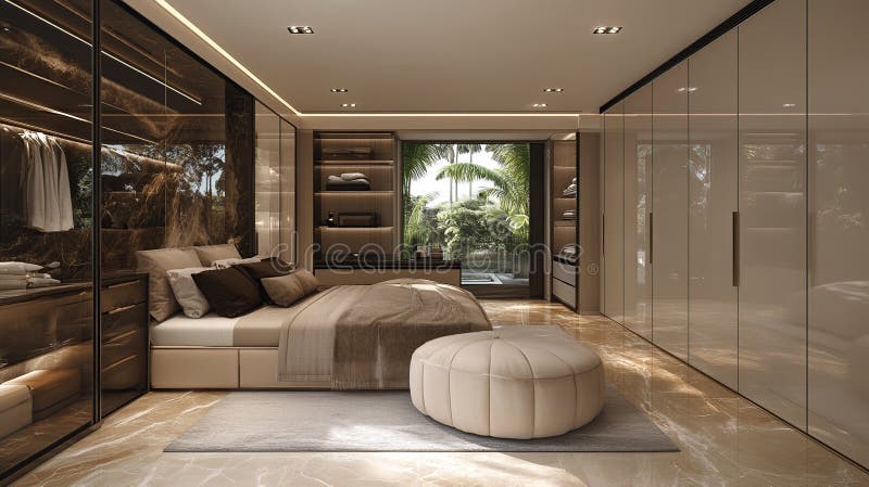 Luxurious Bedroom with Walk-in Closet, Tropical View Stock Illustration ...