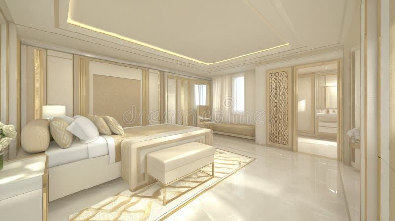 Luxurious Beige Bedroom Interior Design Rendering Stock Image - Image ...