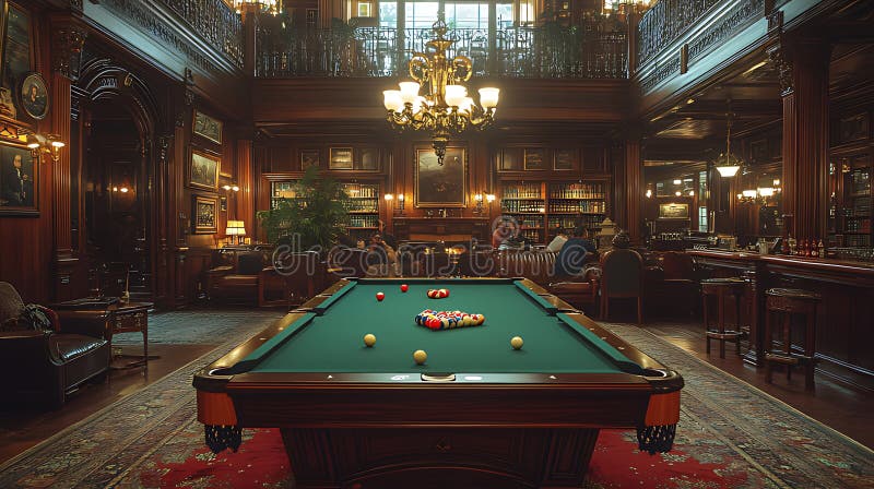 A Luxurious Billiards Room with a Pool Table, a Bar, and People ...