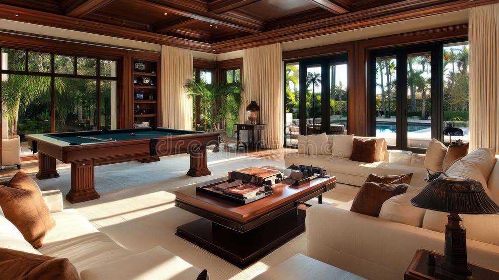 Luxurious Billiards Room with Pool View and Comfortable Seating Stock ...