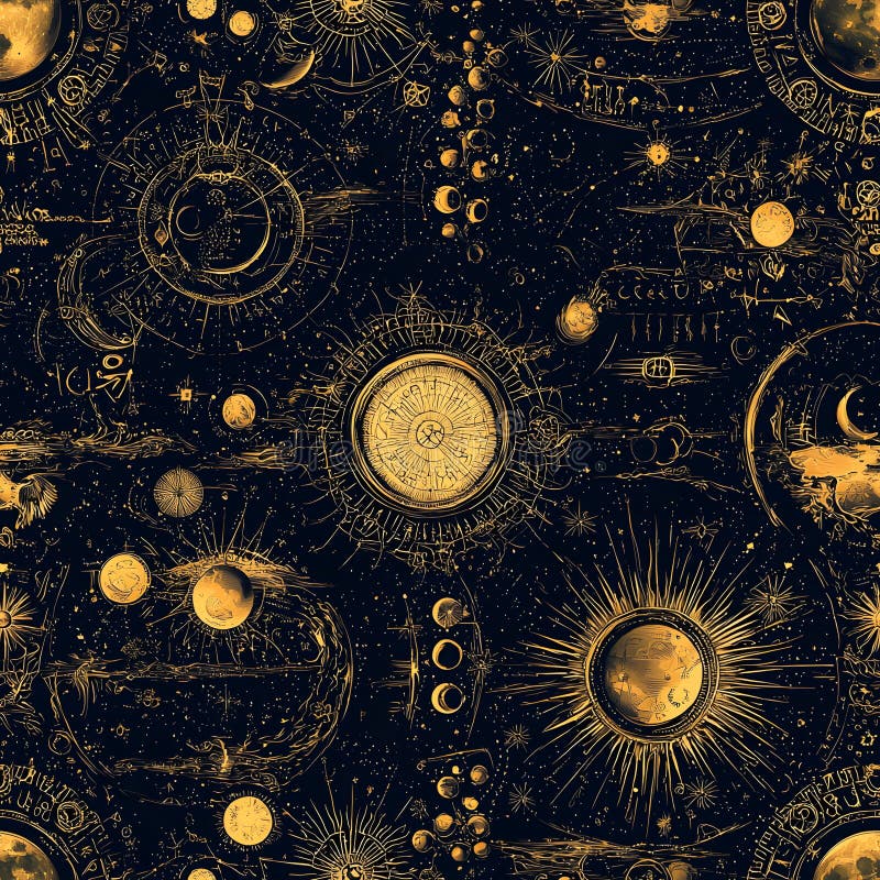 Celestial Gold on Black Fabric. AI Generated Stock Illustration - Illustration of galaxy, repeat ...