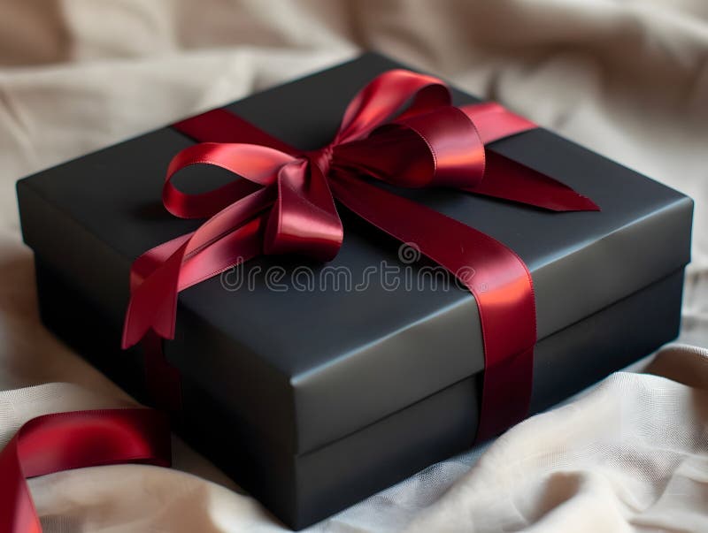 Luxurious Black Gift Box with Crimson Red Ribbon on Plain Backdrop ...
