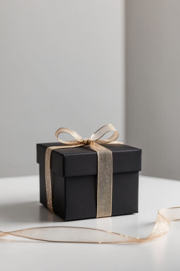 A Luxurious Black Gift Box with Golden Ribbon and Sparkles Stock Photo ...