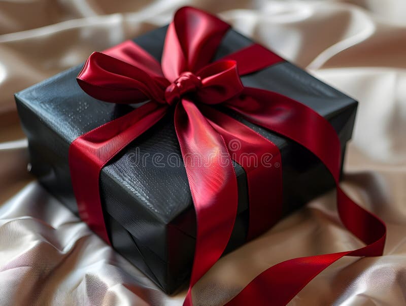 Luxurious Black Gift Box Wrapped in Crimson Red Ribbon on Plain ...