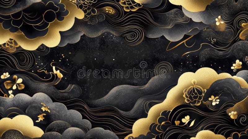 Luxurious Black and Gold Abstract Design with Elegant Floral and Cloud ...