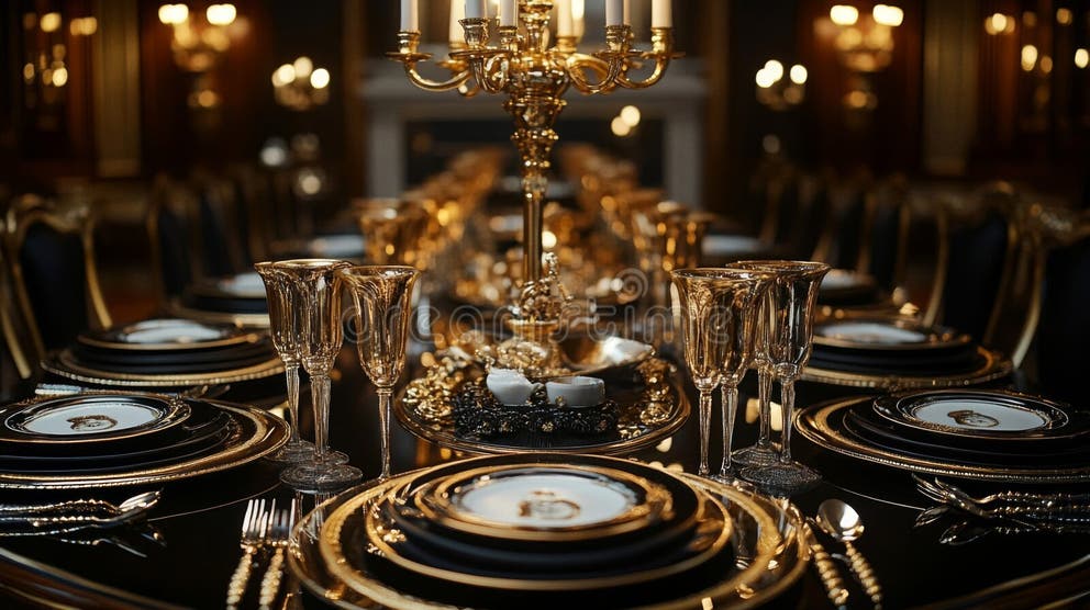 Luxurious Black and Gold Dinner Table Setting Stock Illustration ...