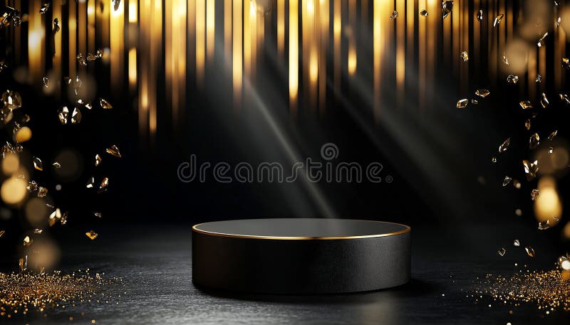 Luxurious Black and Gold Display Platform with Sparkling Light Effects ...
