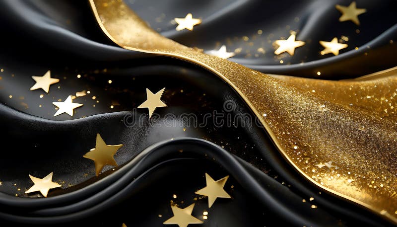 Luxurious Black and Gold Fabric with Gold Stars and Glitters Scattered ...