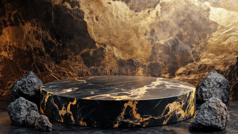 Luxurious Black and Gold Marble Platform with Natural Stone Elements ...