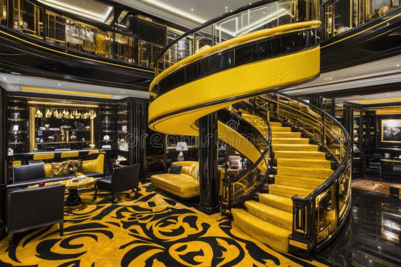 Luxurious Black and Gold Spiral Staircase in Elegant Modern Interior ...