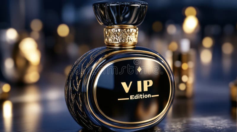 Luxurious Black Perfume Bottle on a Reflective Surface with Warm ...