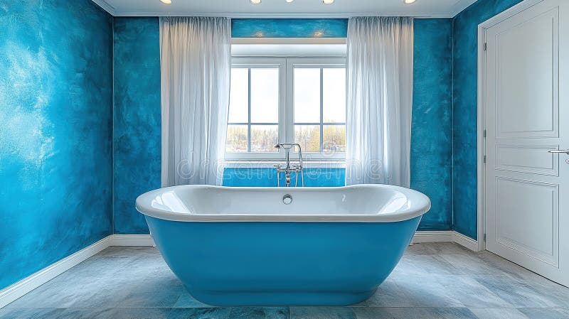 Luxurious Blue Bathroom with Freestanding Tub and Large Window Stock ...