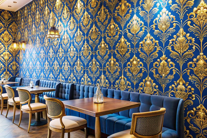 Blue and Gold Wallpaper on a Restaurant Wall Stock Illustration ...