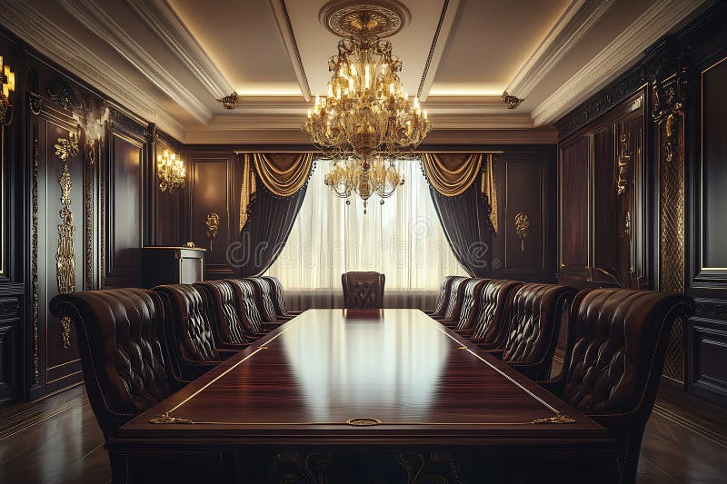 Luxurious Boardroom Interior with Mahogany Table and Leather Chairs ...