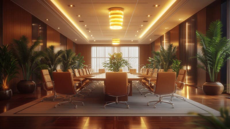 Luxurious Boardroom with Modern Furniture and Plants Stock Illustration ...