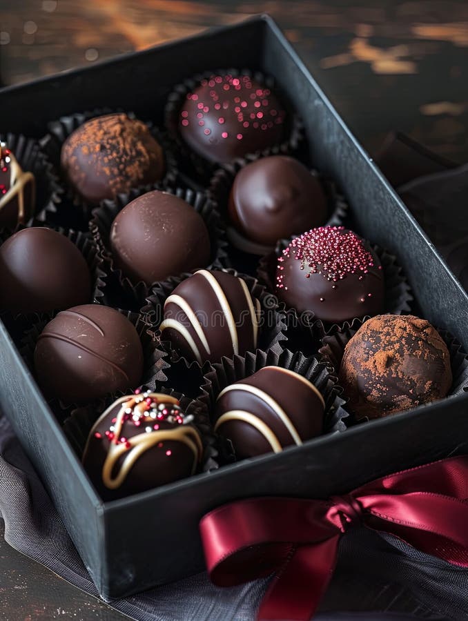 A Luxurious Box of Assorted Chocolate Truffles with Elegant Ribbons on ...