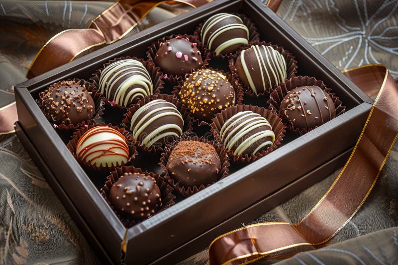 Luxurious Box of Dark Chocolate Truffles Adorned with a Ribbon ...