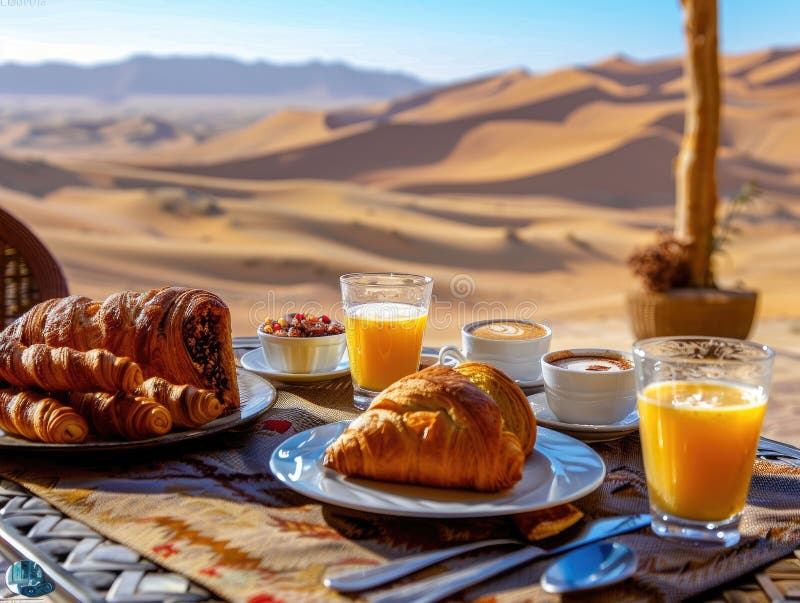 Luxurious Breakfast Amidst Desert Dunes at Sunrise Stock Illustration ...