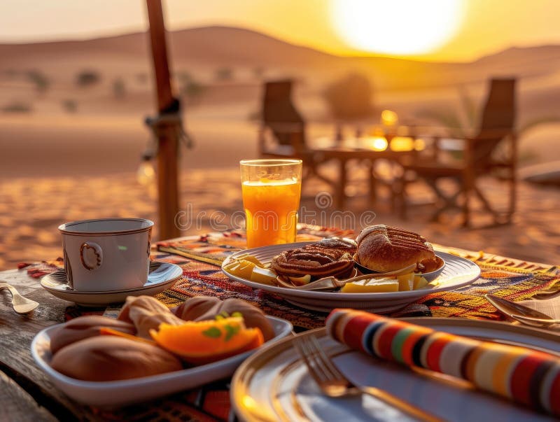Luxurious Breakfast Amidst Desert Dunes at Sunrise Stock Illustration ...