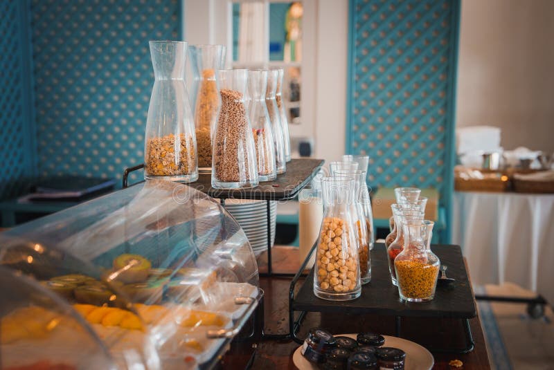 Luxurious Breakfast Buffet with Cereals and Nuts in Elegant Glass ...