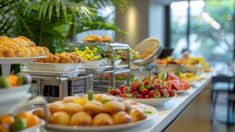 Luxurious Breakfast Buffet with Fresh Fruits and Pastries in a Bright ...