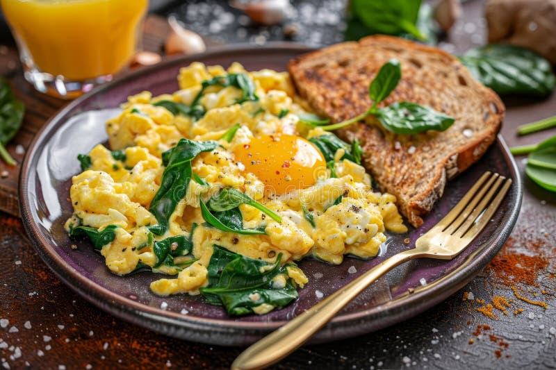 Luxurious Breakfast with Eggs, Spinach, Toast, and Orange Juice on ...
