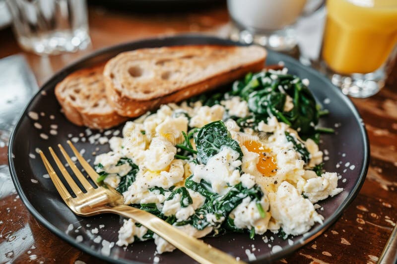 Luxurious Breakfast with Scrambled Eggs, Spinach, Toast, and Orange ...