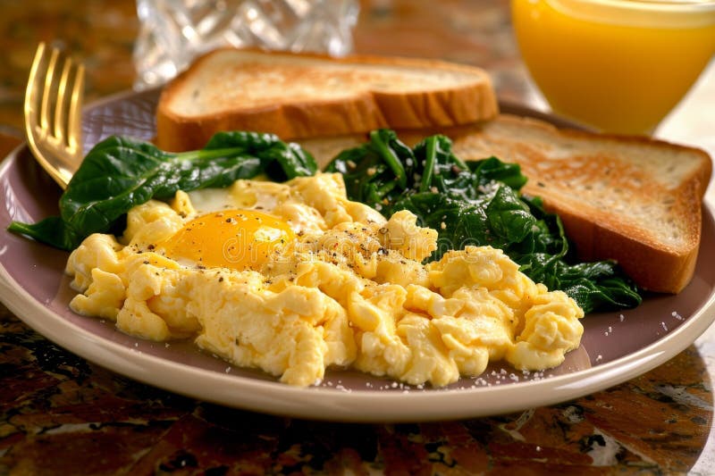 Luxurious Breakfast with Scrambled Eggs, Spinach, Toast, and Orange ...
