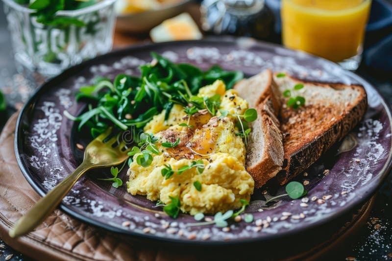 Luxurious Breakfast with Scrambled Eggs, Spinach, Toast, and Orange ...