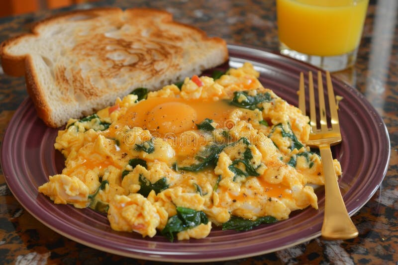 Luxurious Breakfast with Scrambled Eggs, Spinach, Toast, and Orange ...