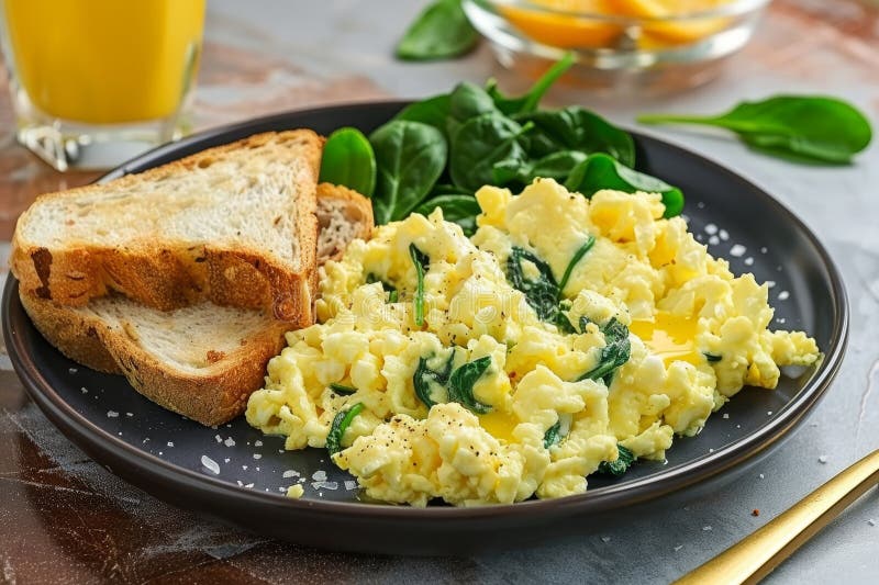 Luxurious Breakfast with Scrambled Eggs, Spinach, Toast, and Orange ...