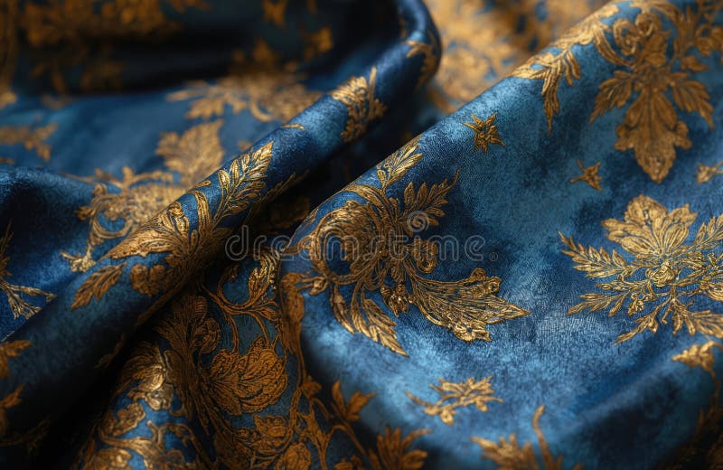 Luxurious Brocade Fabric in Deep Blue Features Intricate Gold Floral Patterns. Rich Textile ...