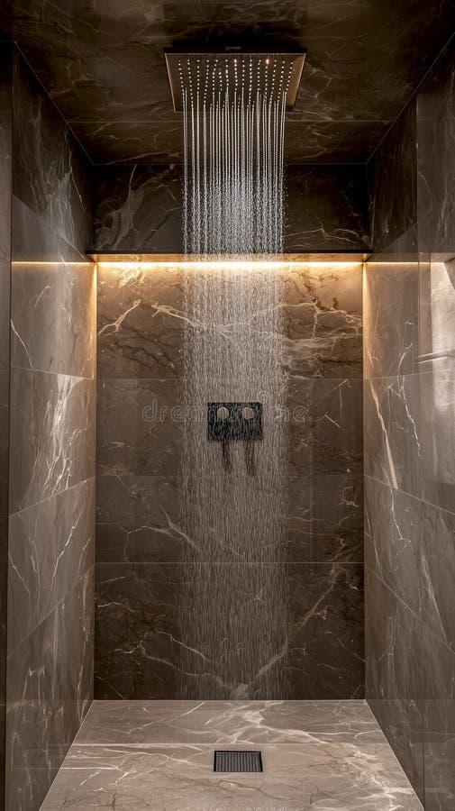 Luxurious Brown Marble Shower with Rainfall Waterfall Effect Stock ...