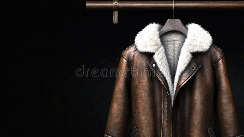 Luxurious Brown Shearling Jacket Displayed on a Clothes Hanger Against ...