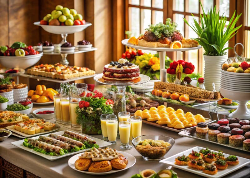 A Luxurious Buffet Spread with Appetizers, Mains, and Desserts Stock ...