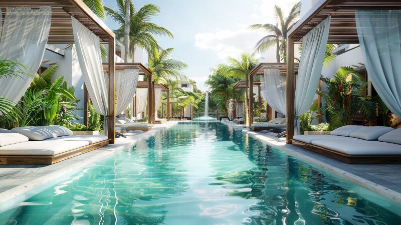 Luxurious Cabanas Surround Hotel Pool Area with Tropical Plants Stock ...