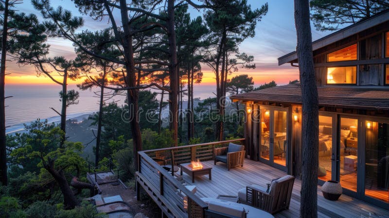 Luxurious Cabin Retreat Overlooking an Ocean Sunset Stock Illustration ...