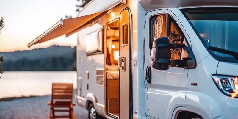 Luxurious Camper Van by Serene Lakeside at Sunset Stock Photo - Image ...