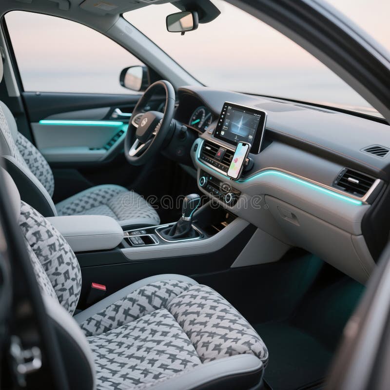 Luxurious Car Interior with Houndstooth Seats, Ambient Lighting, and a ...