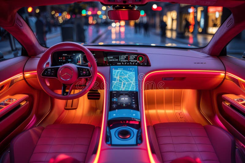 Luxurious Car Interior with Neon Ambient Lighting and Advanced Digital ...