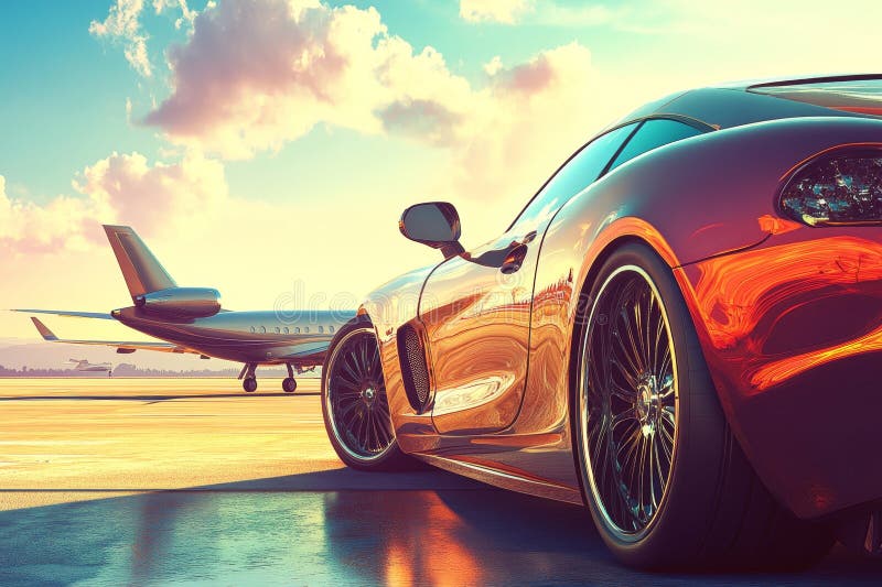 Luxurious Car and Private Jet Create a Panoramic View of Opulence on a ...