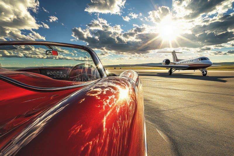 Luxurious Car and Private Jet Under Sunny Sky a Panoramic View of ...